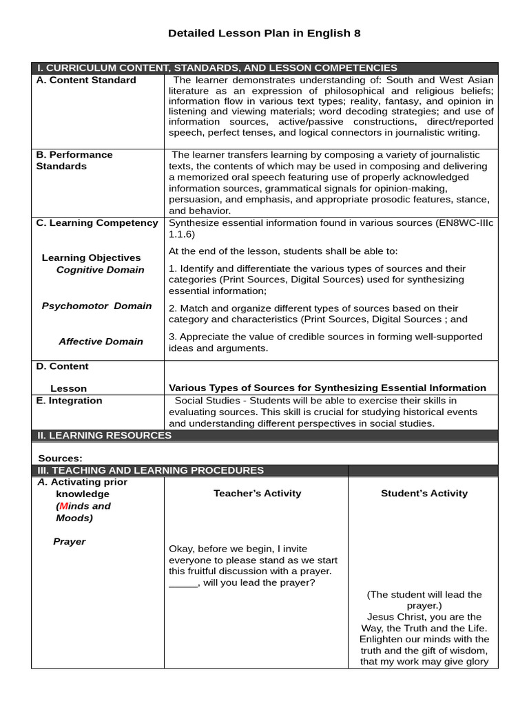 SESUCA - Rough Draft of Detailed Lesson Plan For Final Demo Teaching | PDF | Learning | Teachers