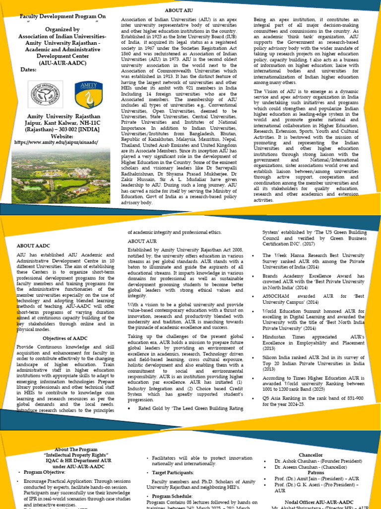 Broucher AIU - AUR-FDP-IPR-2025 | PDF | Intellectual Property | University