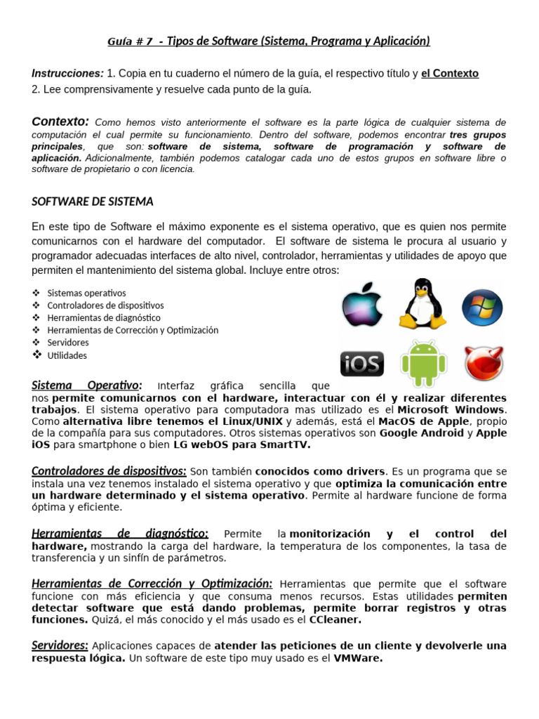 Guía # 7 - Tipos de Software (Sistema, Programa y Aplicación) | PDF | Sistema operativo | Software