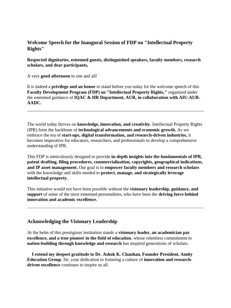 Welcome Speech For The Inaugural Session of FDP On 24 March 2025 | PDF | Intellectual Property ...