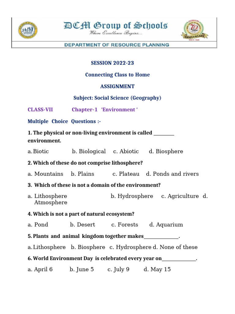 Geography Class-VII Chapter-1 Environment-Assignment | PDF