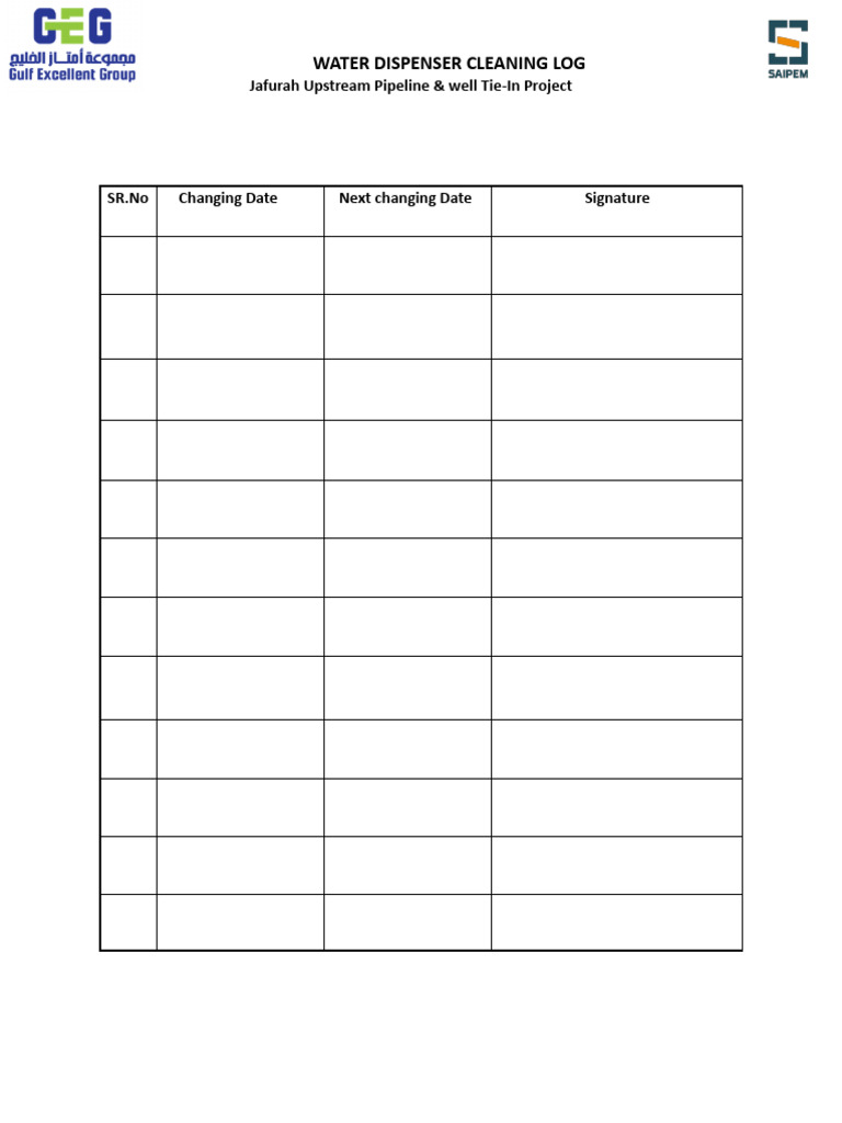 Water Dispensor Cleaning Log | PDF