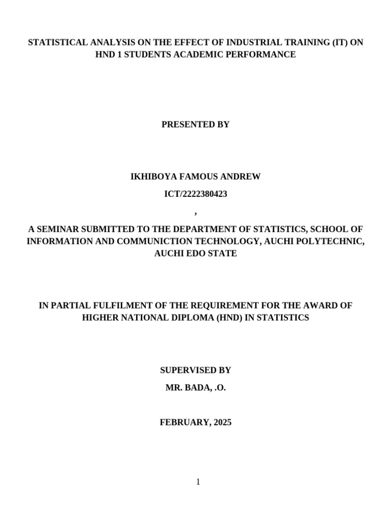 (Seminar) Statistical Analysis On The Effects of Industrial Training On HND I Students | PDF ...