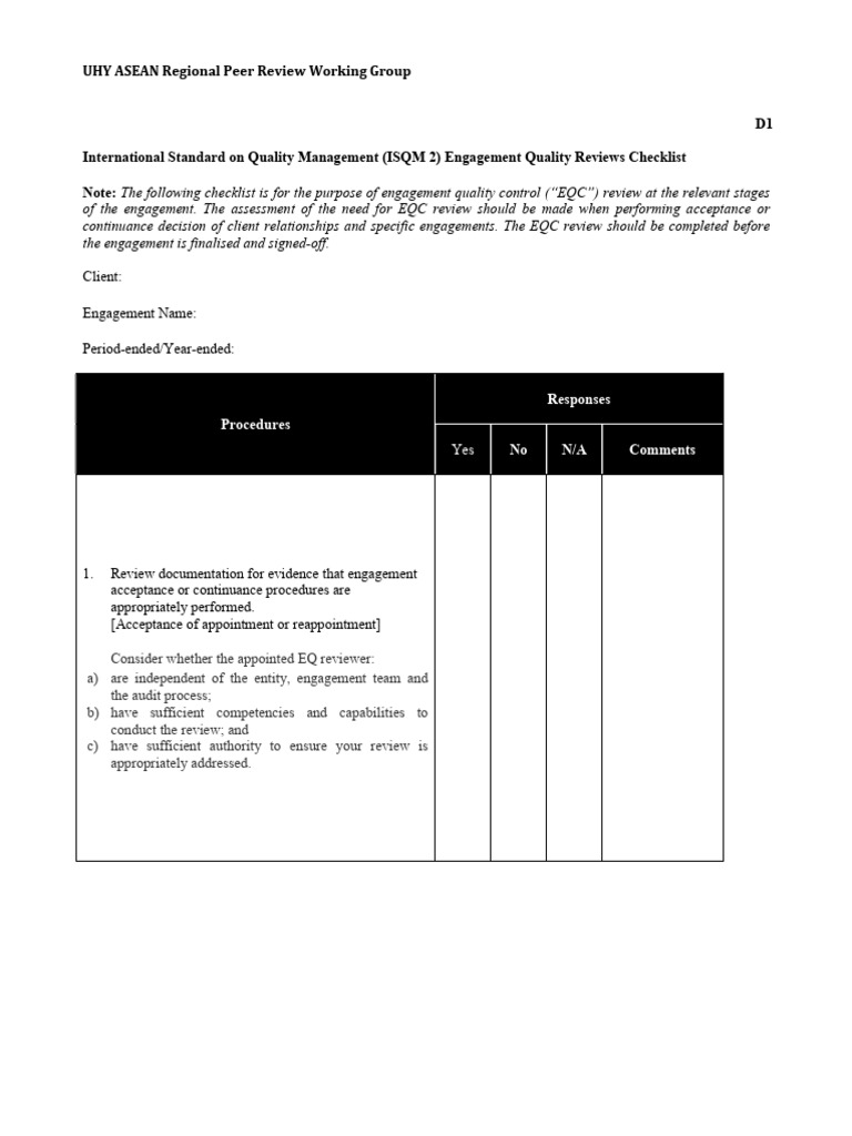 ISQM 2 Checklist - Draft | PDF