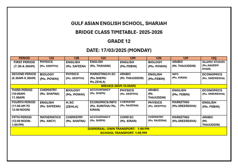 Bridge Class Gr.12 Monday - 2025-2026 | PDF
