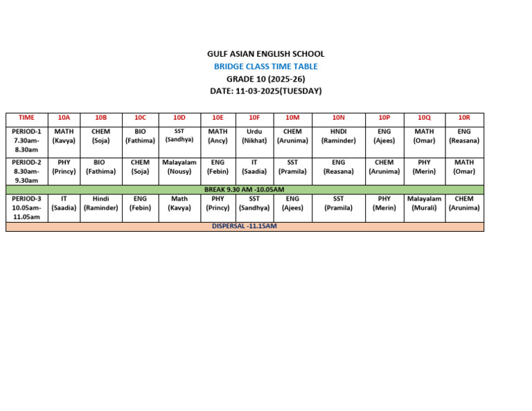 Grade 10 Bridge Class Timetable 2025-26 | PDF