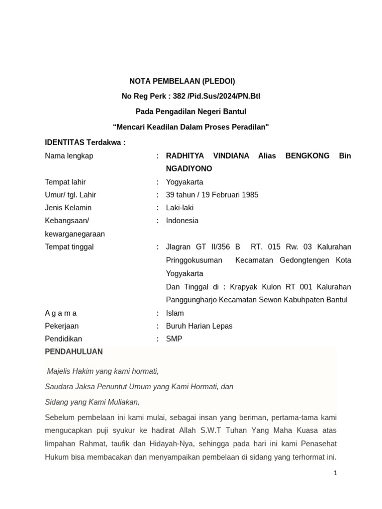 Pledoi Radhitya Vindiana | PDF