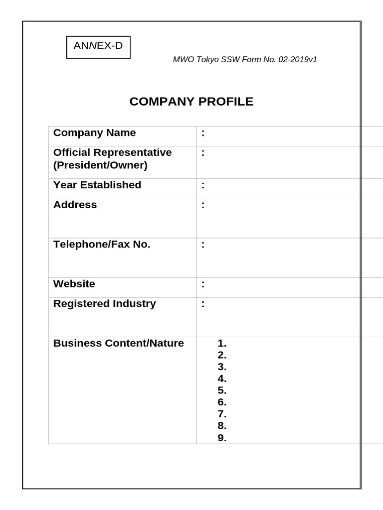03 Company Profile (Annex D) - MWO Tokyo SSW Form No. 02-2019v1 | PDF