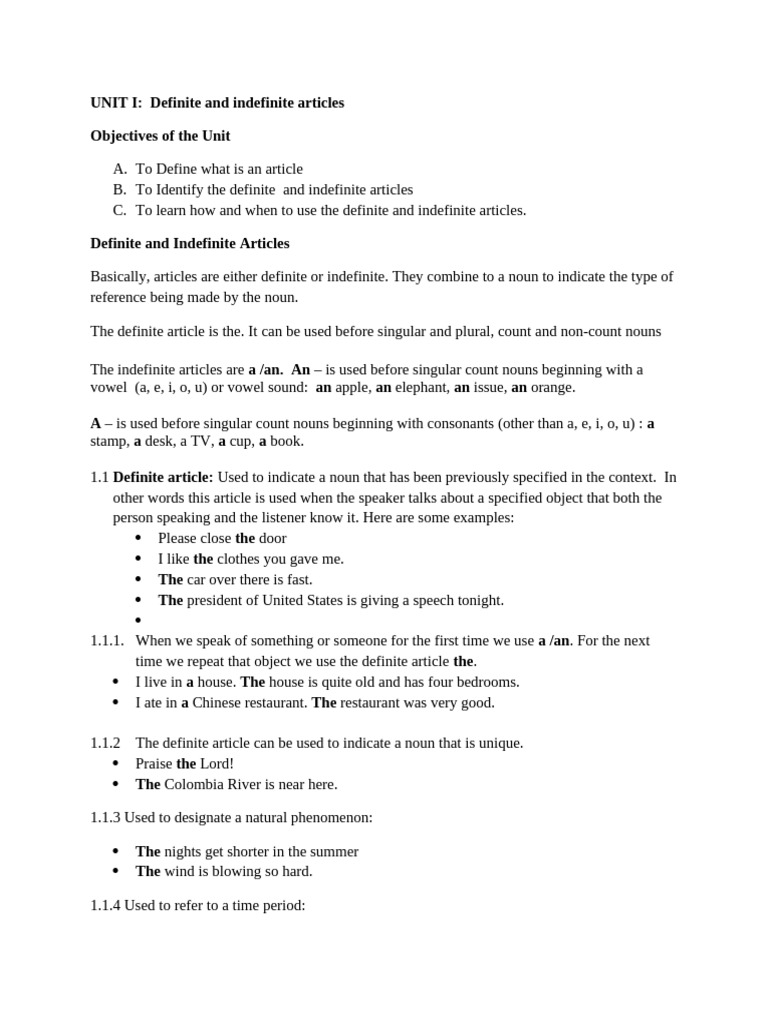 UNIT I Lesson on Definite and Indefinite articles and Exercises 2023 ...