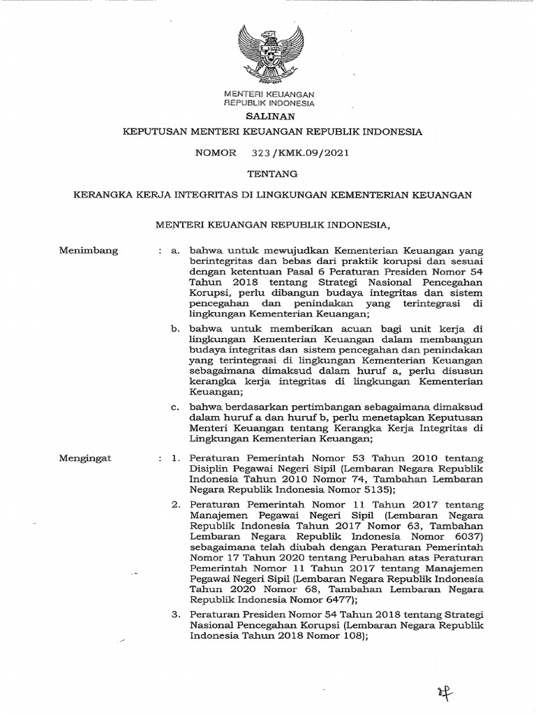 KMK 323 Tahun 2021 Kerangka Kerja Integritas | PDF