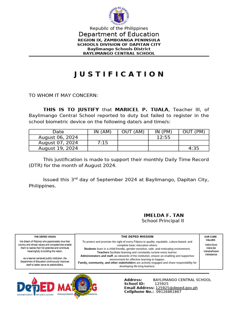 Justification Letter for Teacher DTR | PDF | Behavior Modification ...