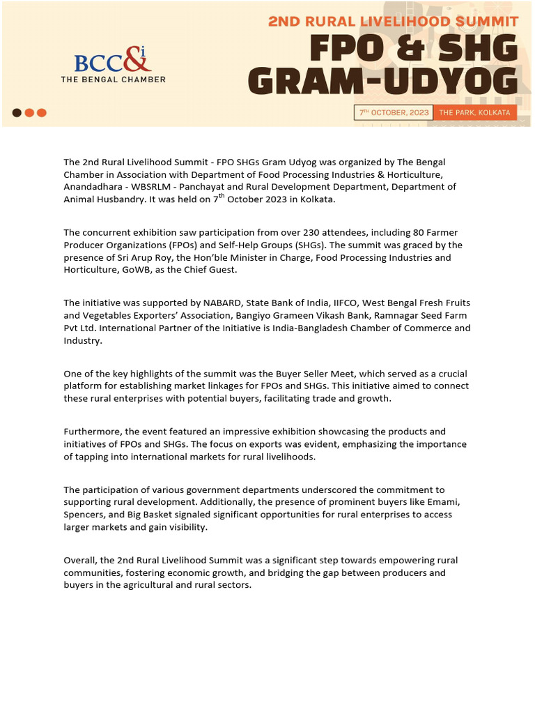 FPO SHGs GRAM-UDYOG - 2ND RURAL LIVELIHOOD SUMMIT - SYNOPSIS | PDF