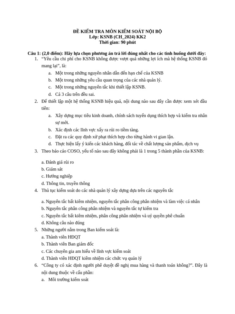 ĐỀ KIỂM TRA - KSNB | PDF