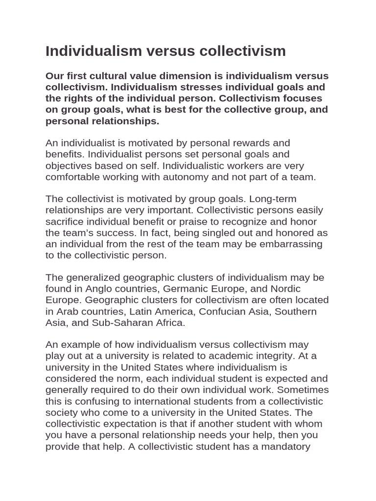 Individualism vs. Collectivism Explained | PDF