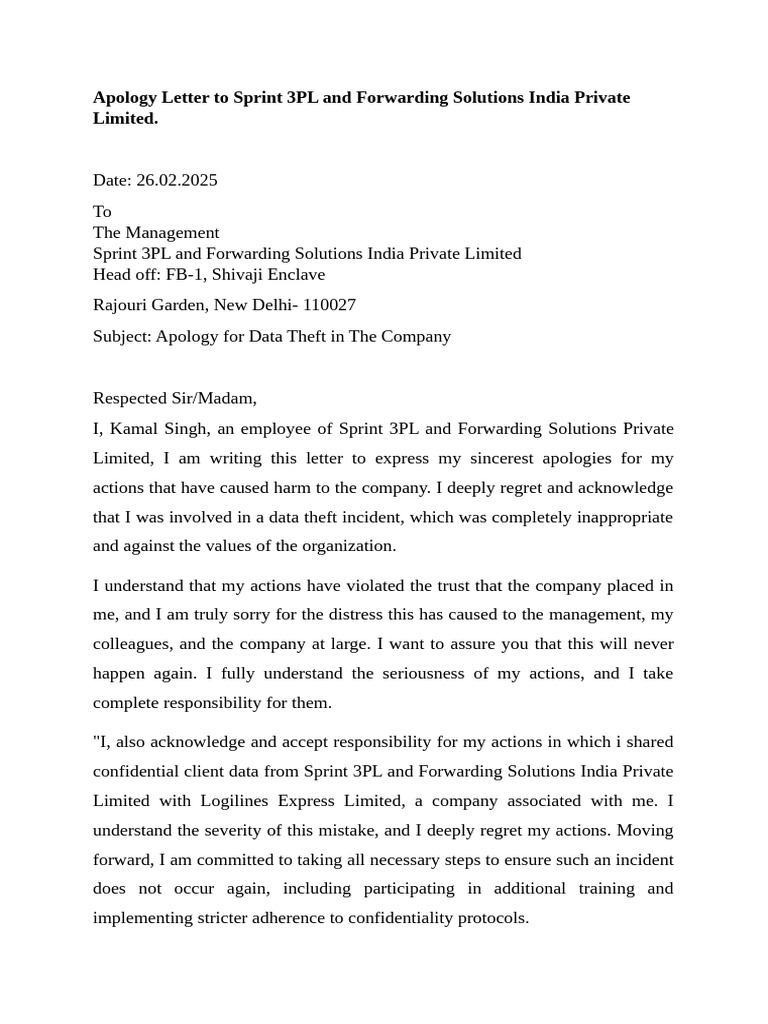 Apology Letter To Sprint 3PL and Forwarding Solutions India Private ...