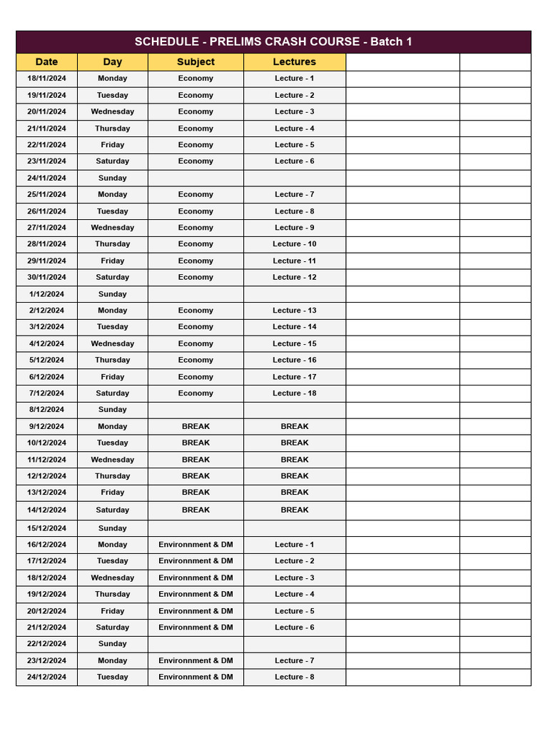 Prelims Crash Batch 1 2025 Schedule | PDF