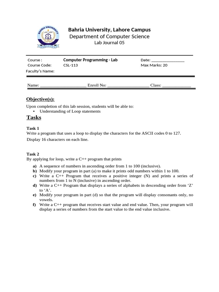 C++ Loop Programming Lab Tasks | PDF
