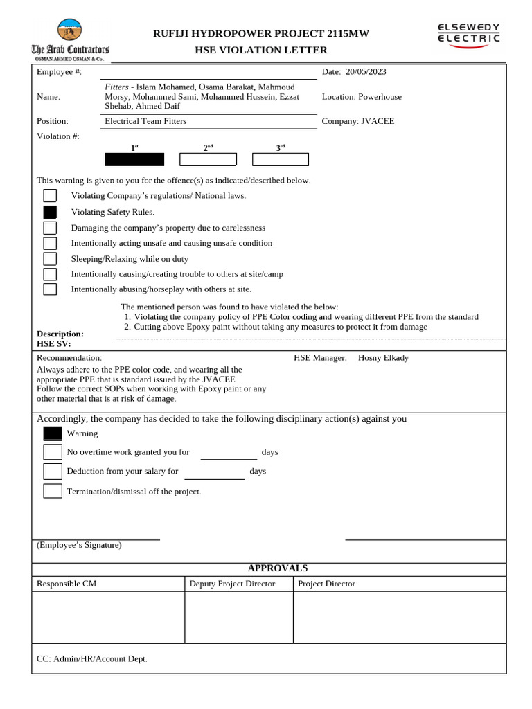HSE Letter Violation - Electrical Fitting Team | PDF