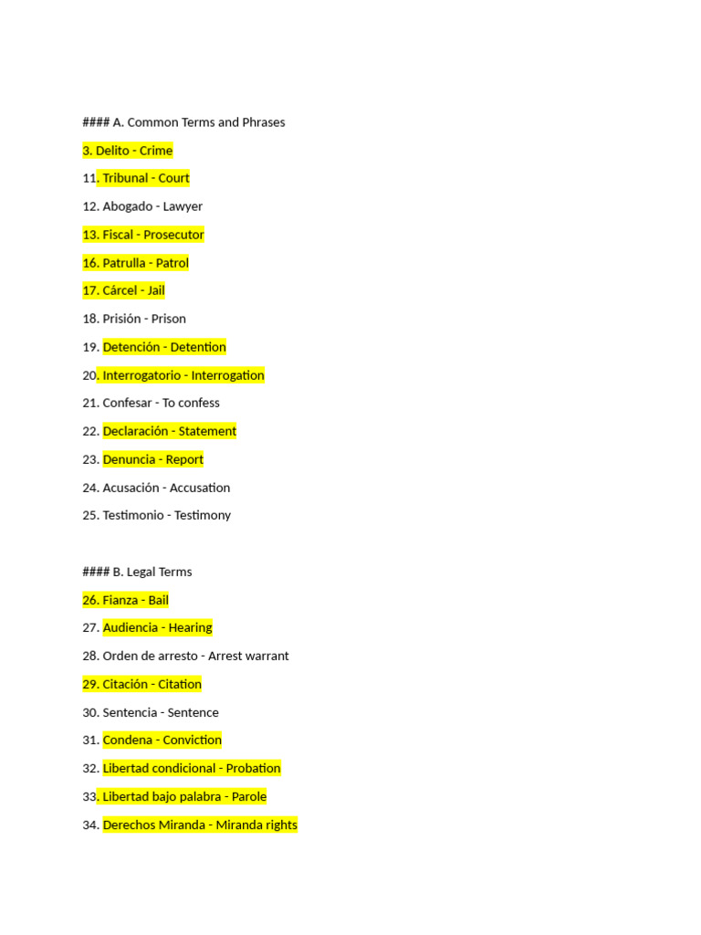 Law Enforcement Spanish Interpreter Vocabulary Glossary | PDF | Plea ...