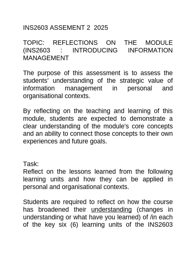 Ins2603 Assessment 2 2025 Reflections Students Rubric | PDF | Learning ...
