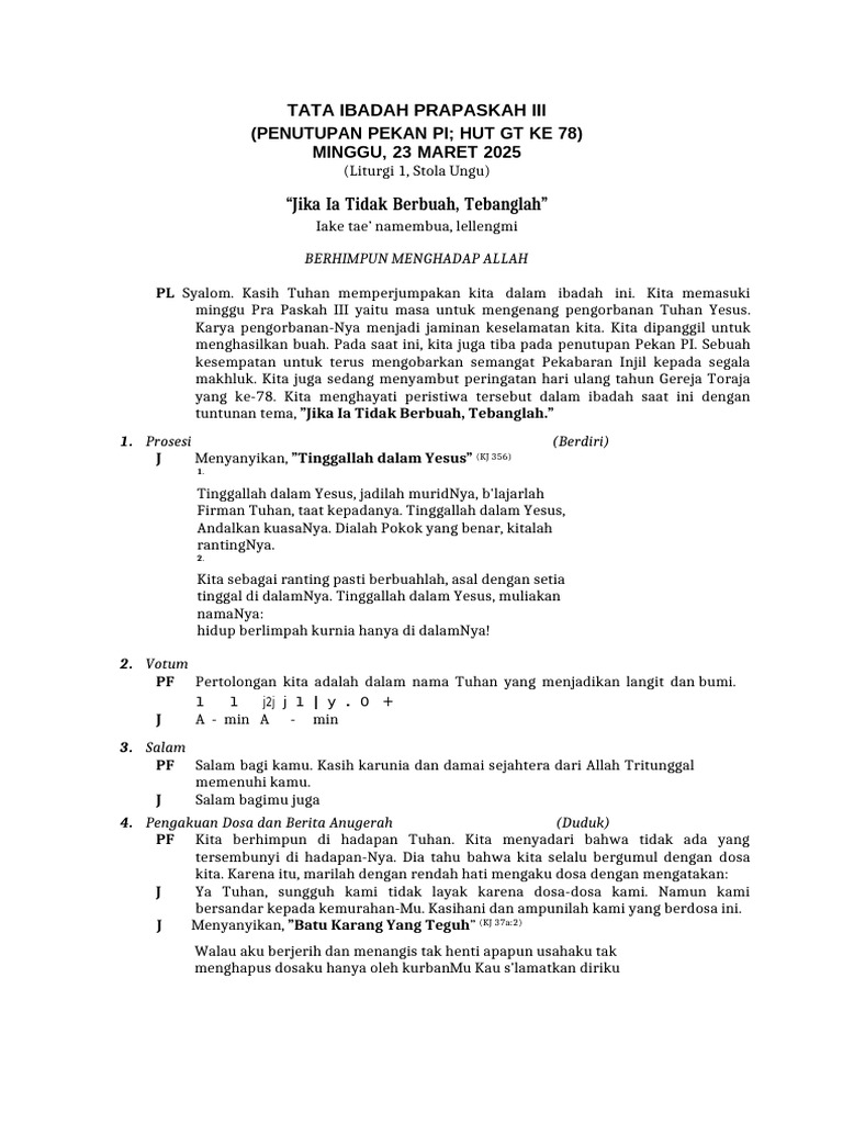 Tata Ibadah Prapaskah Iii, Minggu 23 Maret 2025 | PDF