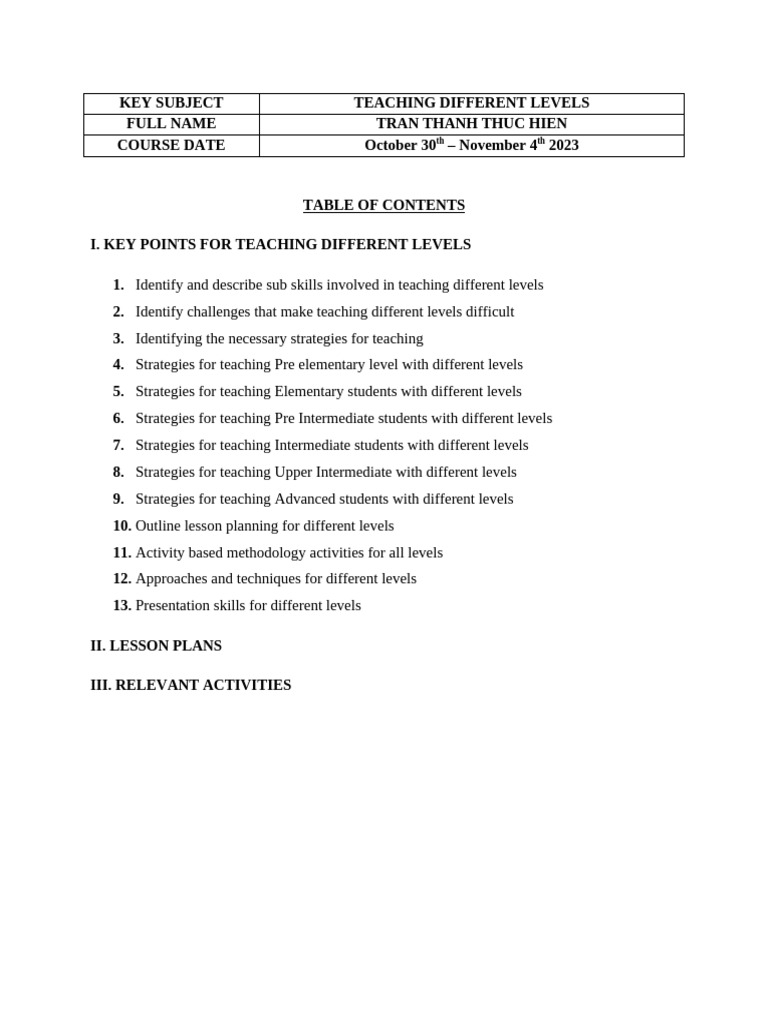 HN04112023 - TRAN THANH THUC HIEN - Teaching Different Levels | PDF | Teachers | Idiom
