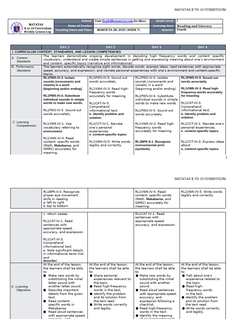 DLL Matatag - Reading & Literacy 1 Q4 - W7 | PDF | Reading Comprehension | Psycholinguistics