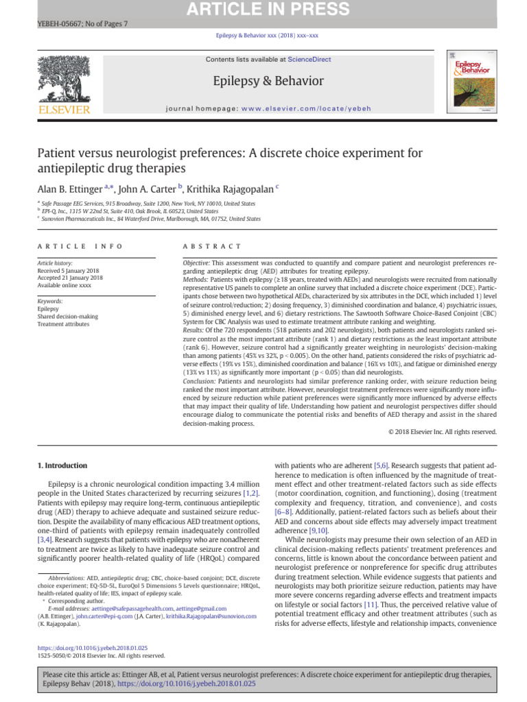 Alan B. Ettinger - Patient Versus Neurologist Preferences A Discrete ...