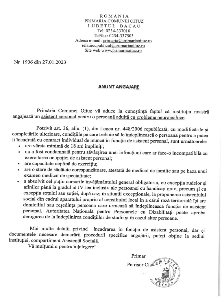 Anunt Privind Angajarea Unui Asistent Personal | PDF