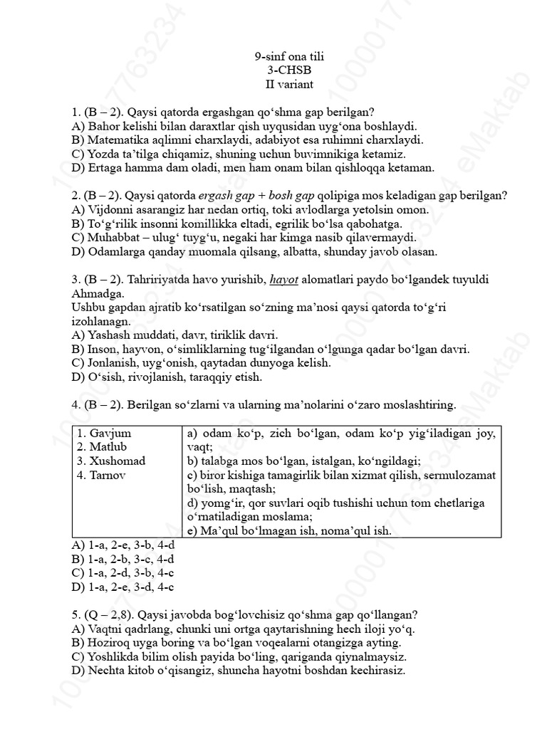 Ona Tili 9-Sinf 3-CHSB II Variant | PDF