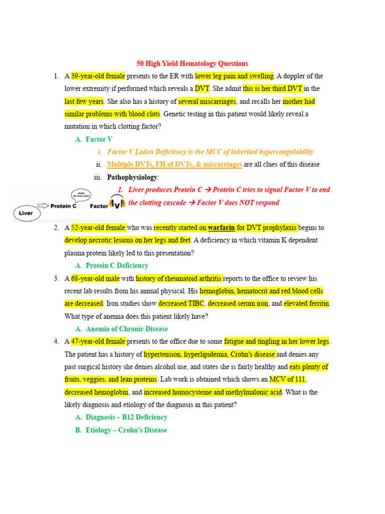 High Yield Hematology Exam Questions | PDF | Anemia | Coagulation