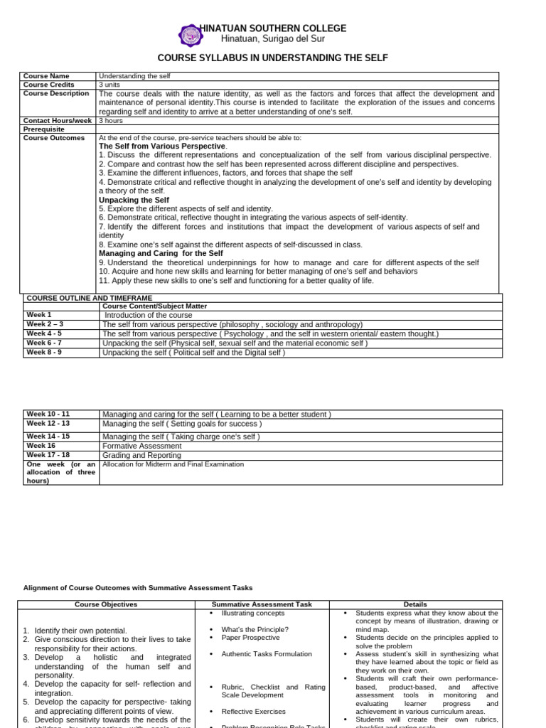 Understanding The Self Syllabus | PDF | Educational Assessment | Self
