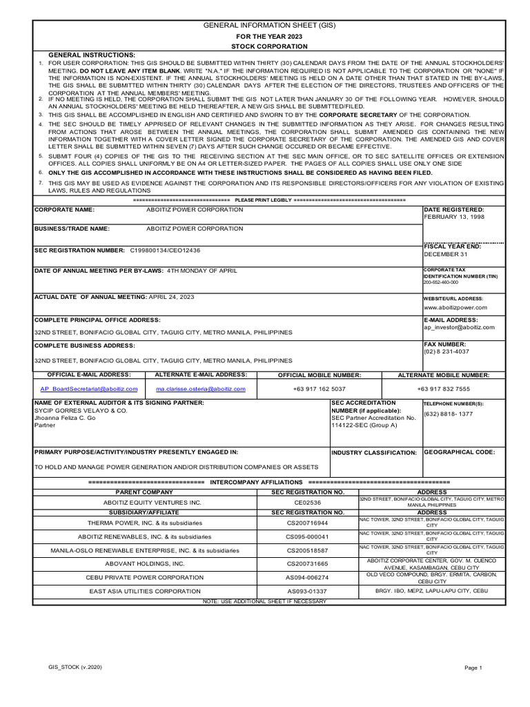 Aboitiz Power Corporation GIS 2023 | PDF | Securities (Finance) | Stocks
