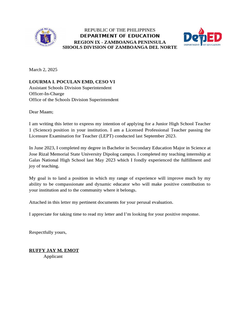 Application for Junior High Science Teacher | PDF