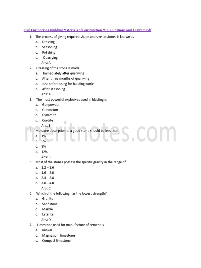 Building Materials Construction Mcq Questions | PDF