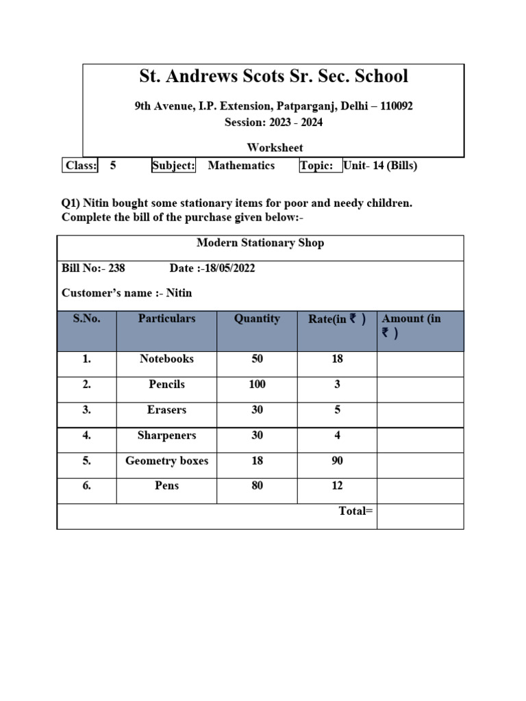 Class 5 Mathematics: Bills Worksheet | PDF