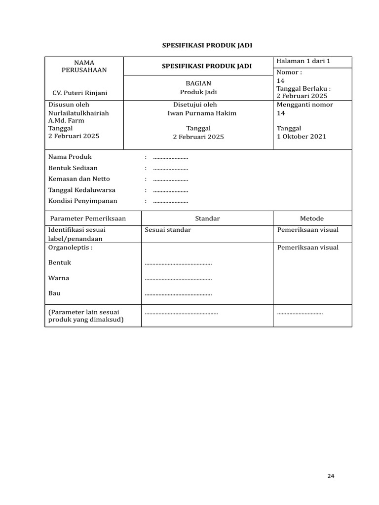 Spesifikasi Produk Jadi | PDF