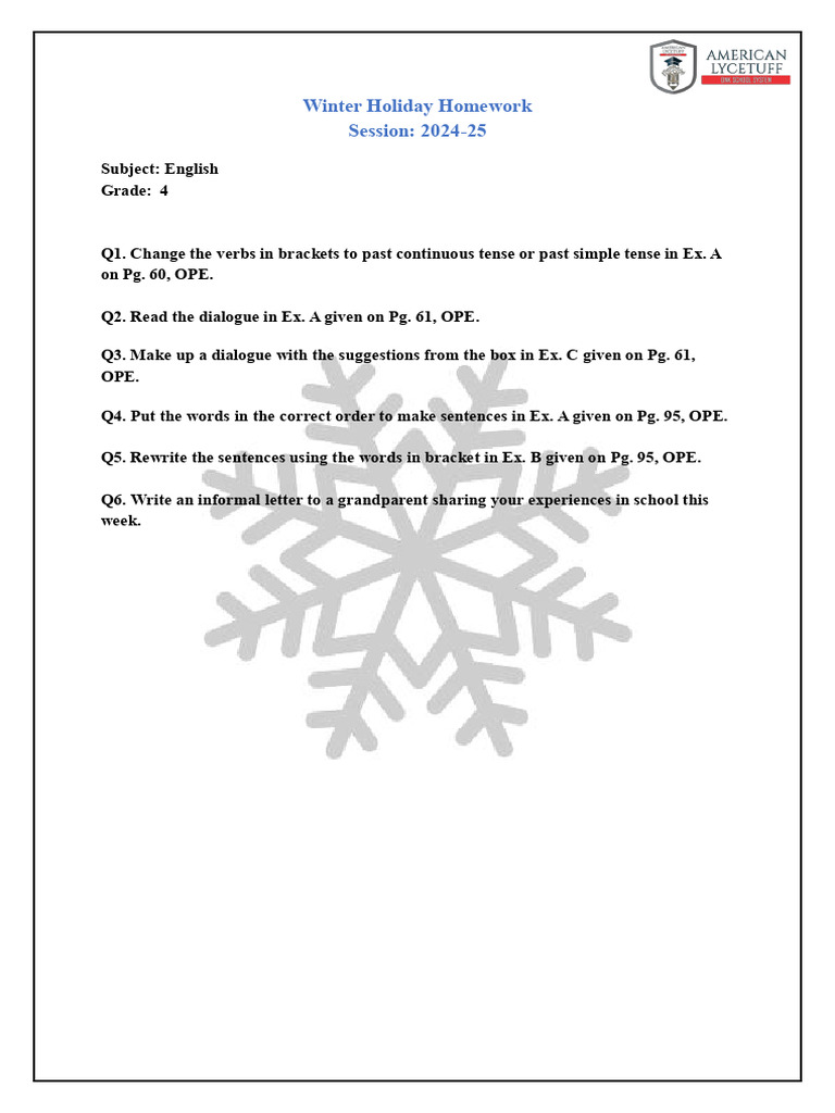 Grade 4 English Winter Homework 2024-25 | PDF
