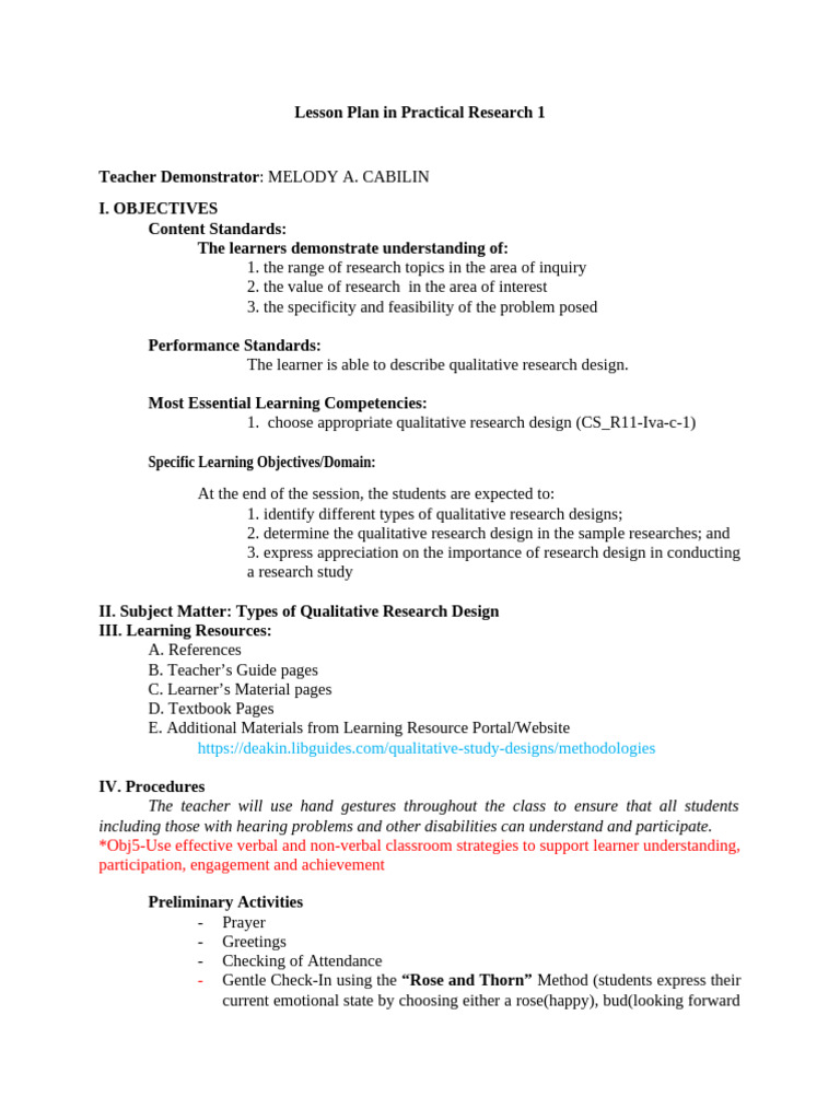 Qualitative Research Design Lesson Plan | PDF | Learning | Ethnography