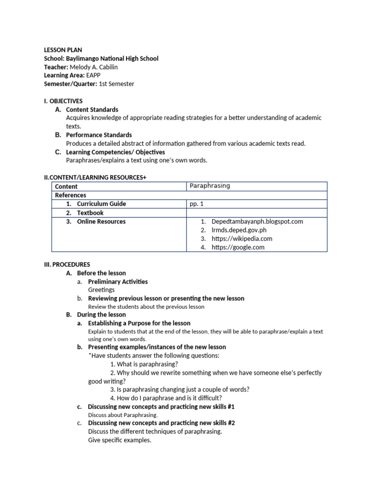 Paraphrasing Lesson Plan for EAPP | PDF | Learning | Cognition