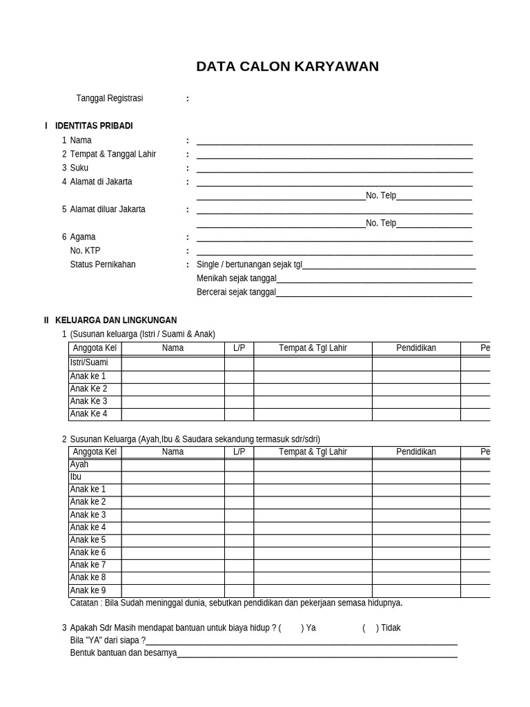 Contoh Form Data Calon Karyawan | PDF