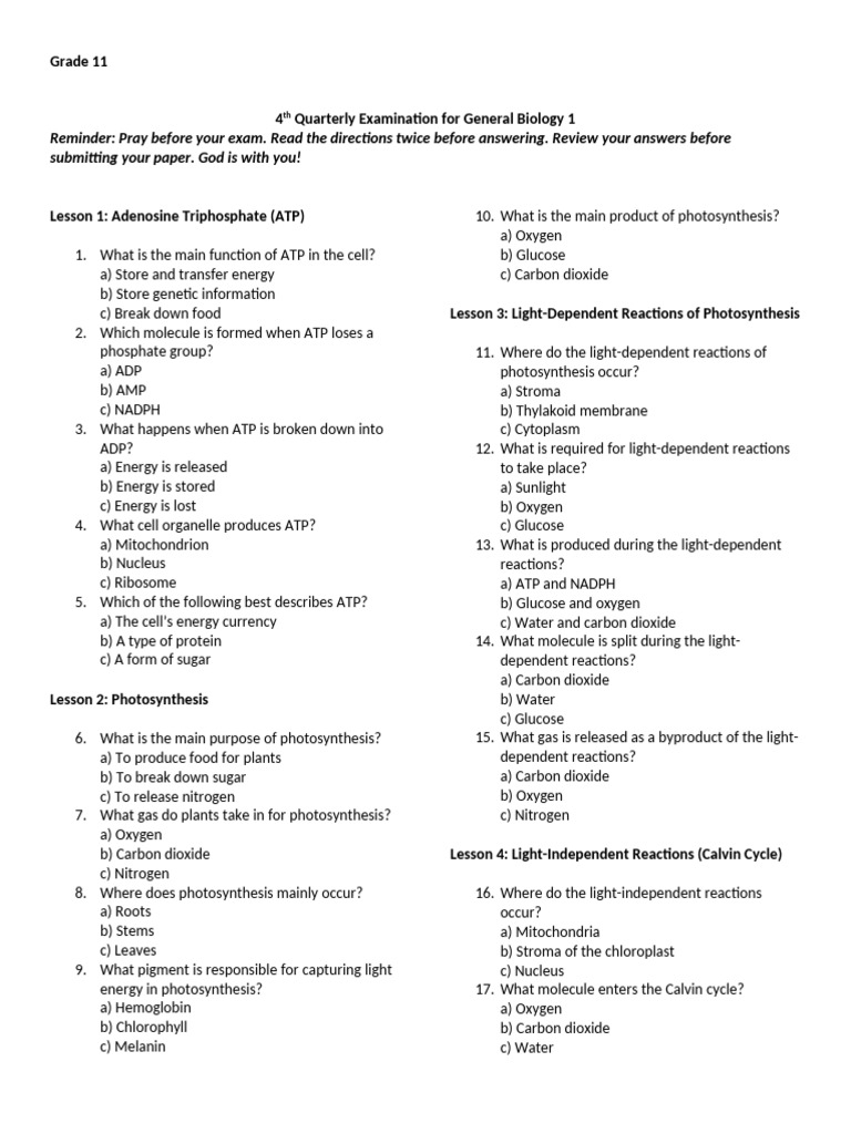 Lucas Gr11 GenBio1 4th QTR Exam v2 | PDF | Cellular Respiration | Adenosine Triphosphate