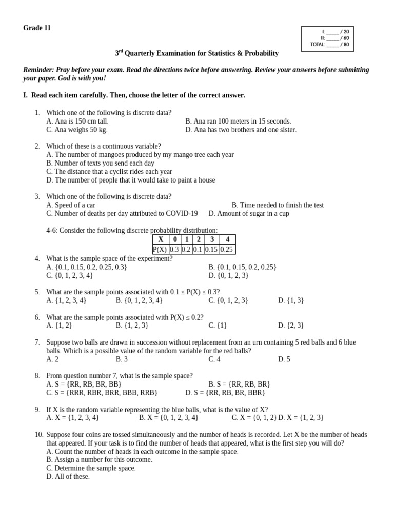 Lucas Gr11 Stat & Prob 3rd QTR Exam | PDF | Probability Distribution | Random Variable