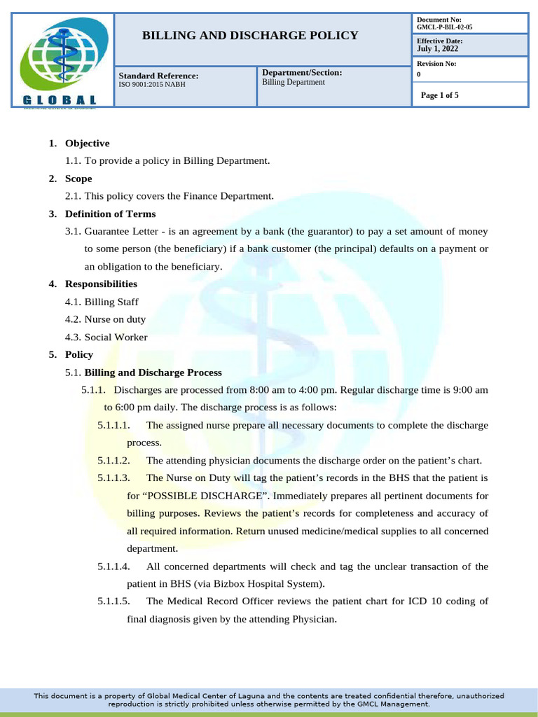 GMCL Billing and Discharge Policy | PDF | Guarantee | Health Care