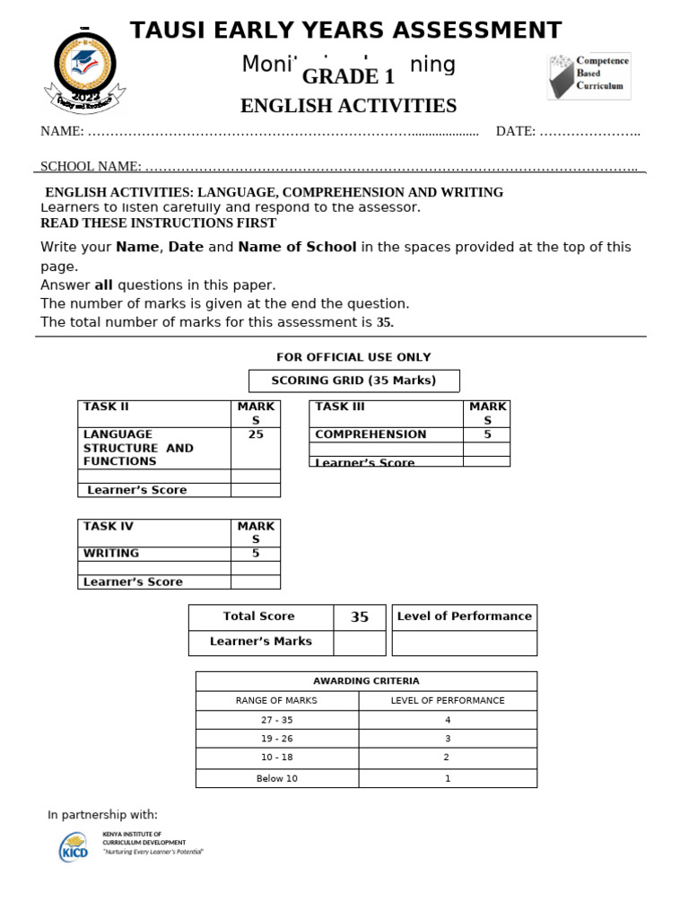 Grade 1 English Activities Worksheet | PDF | Learning | Psycholinguistics