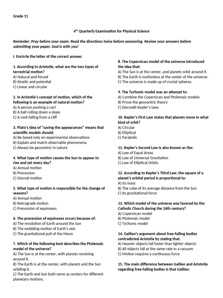 Lucas Gr11 Physical Science 4th QTR Exam | PDF | Force | Waves