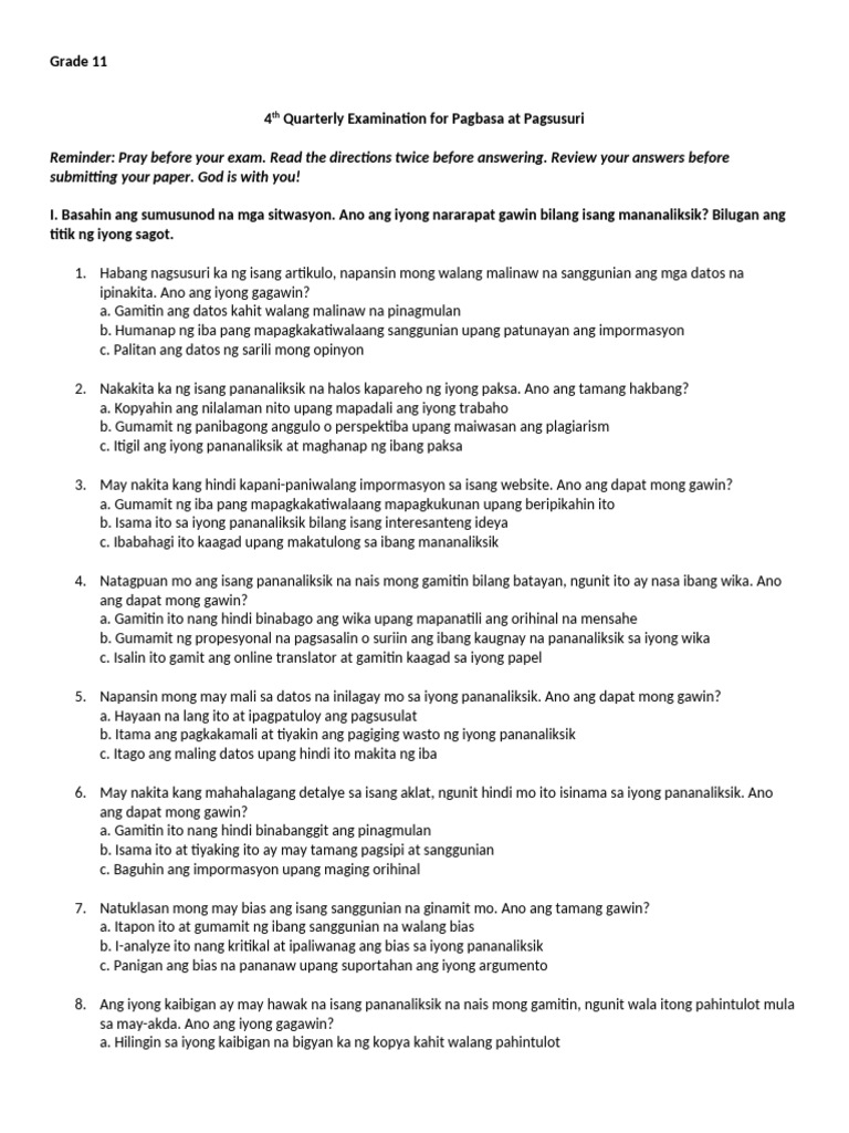 Lucas Gr11 Pagbasa at Pagsuri 4th QTR Exam | PDF