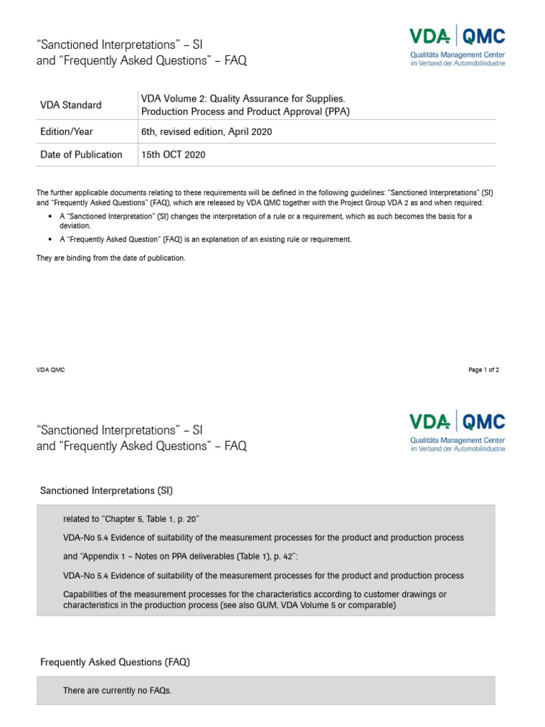 SIs Und FAQs - VDA Volume 2 - English - 2020 | PDF