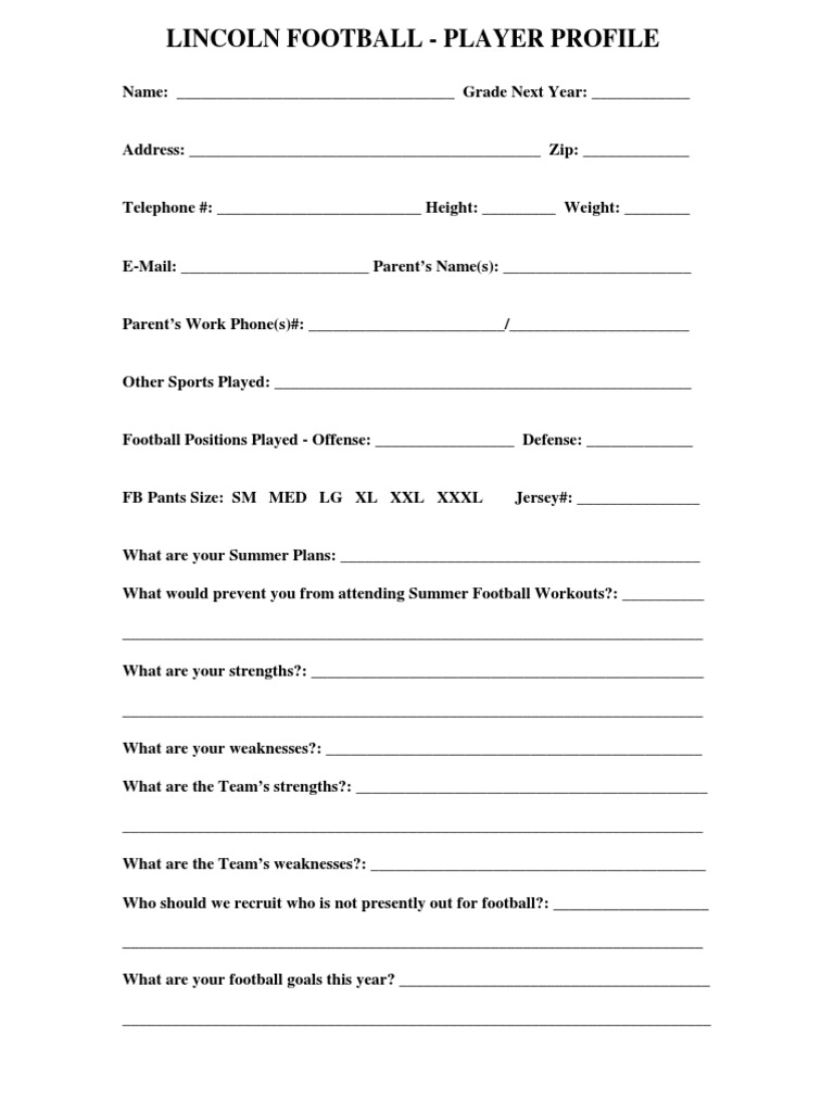 Lincoln Football Player Profile Form | PDF | Strength Training | Sports