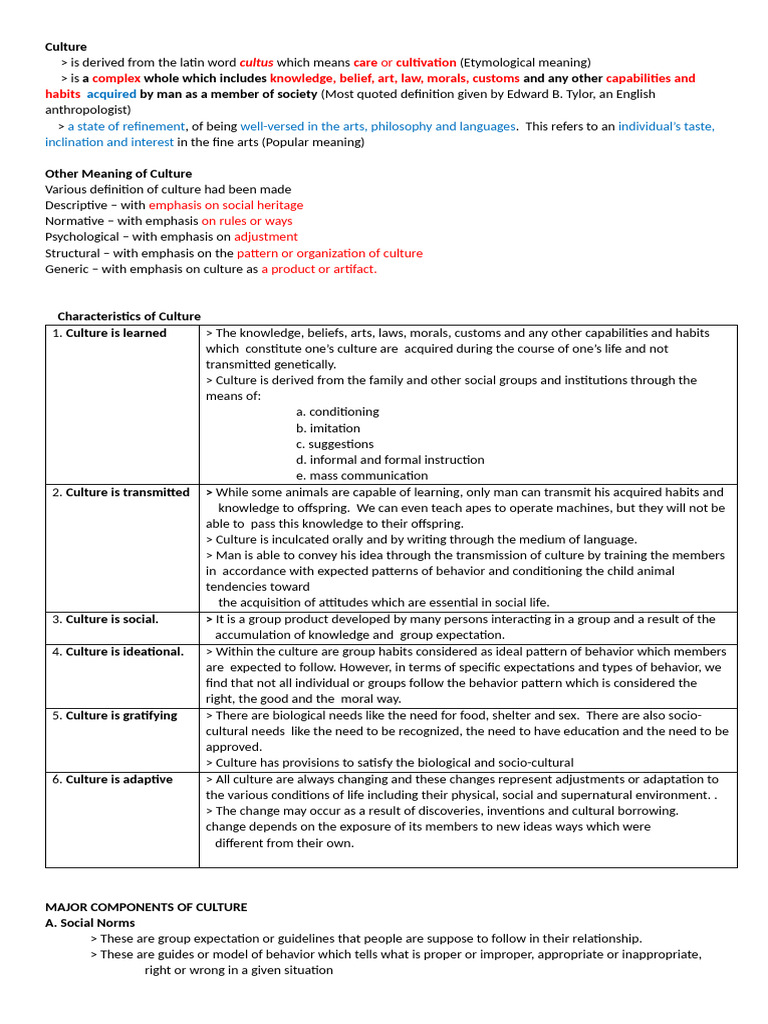 Meaning Caharacteristics and Components of Culture | PDF | Idea | Knowledge
